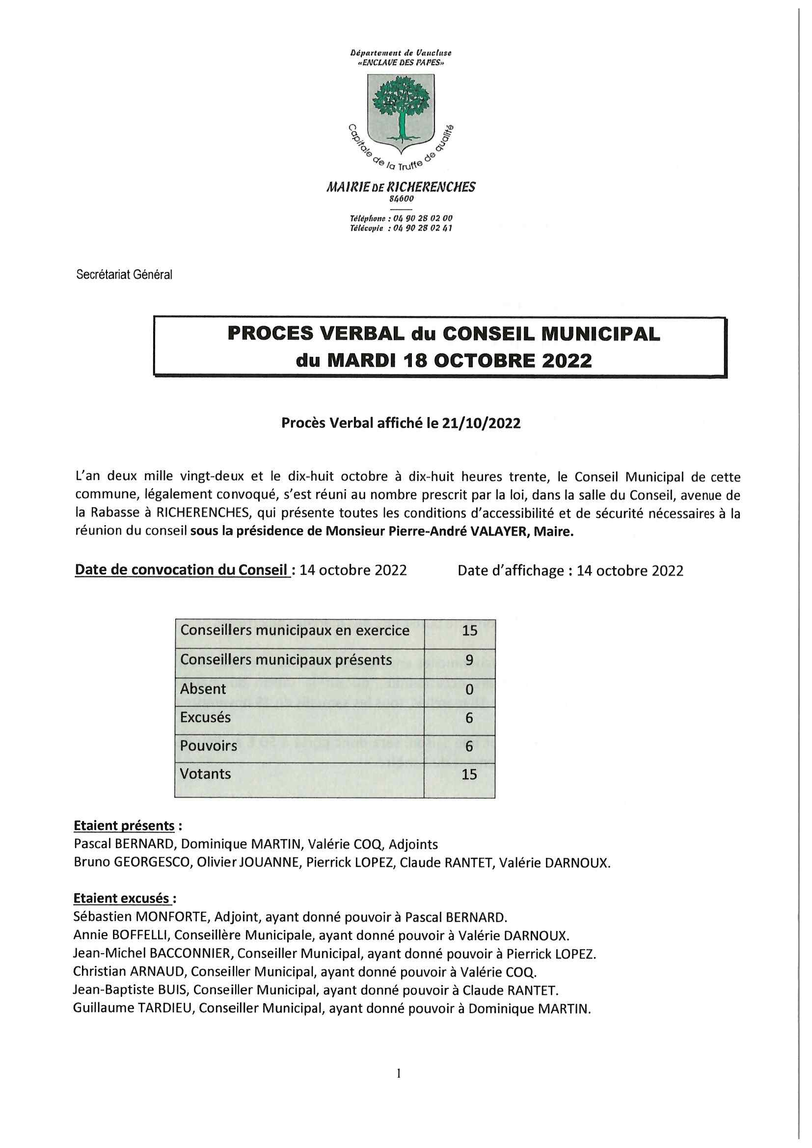 Procès verbal du conseil municipal du 18 octobre 2022